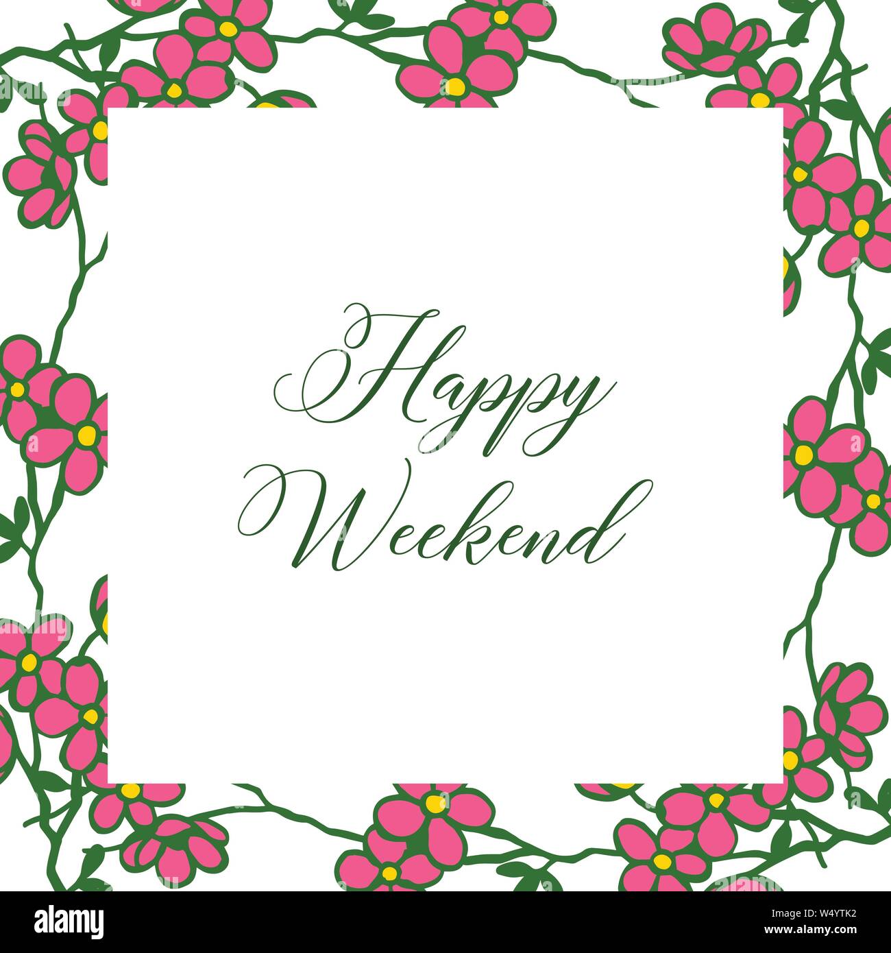 Card decorative of happy weekend with floral frame isolated on white ...