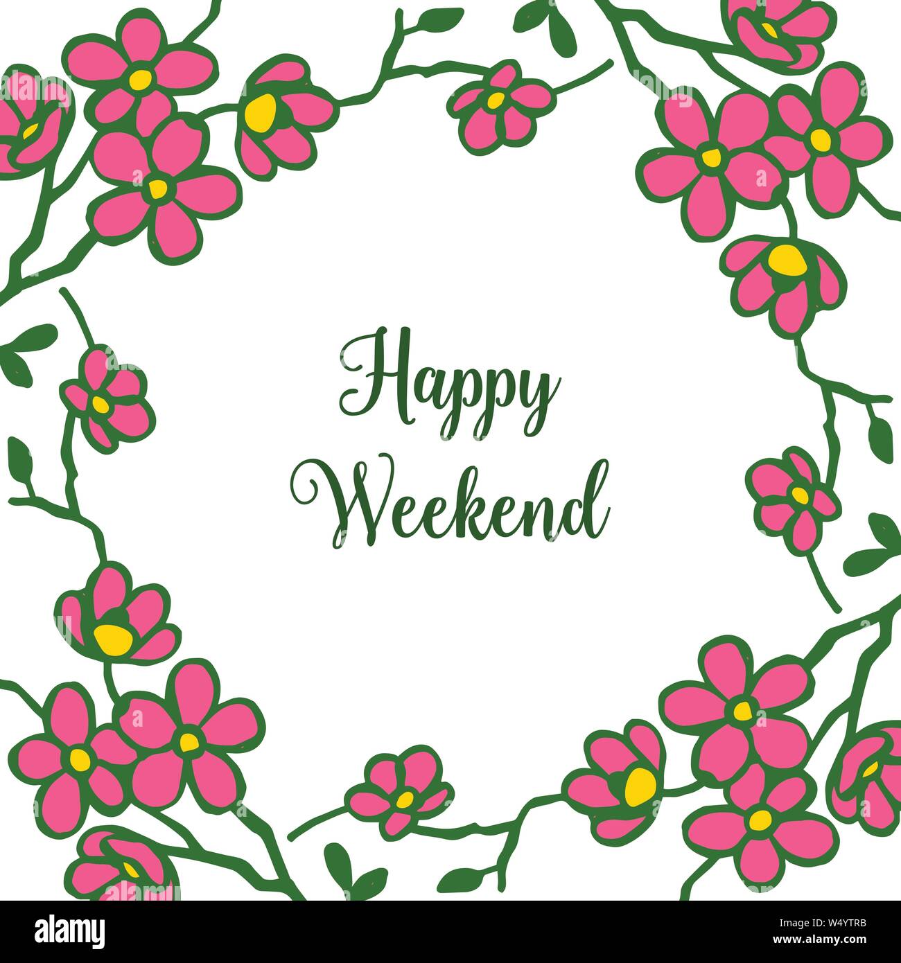 Card decorative of happy weekend with floral frame isolated on white ...