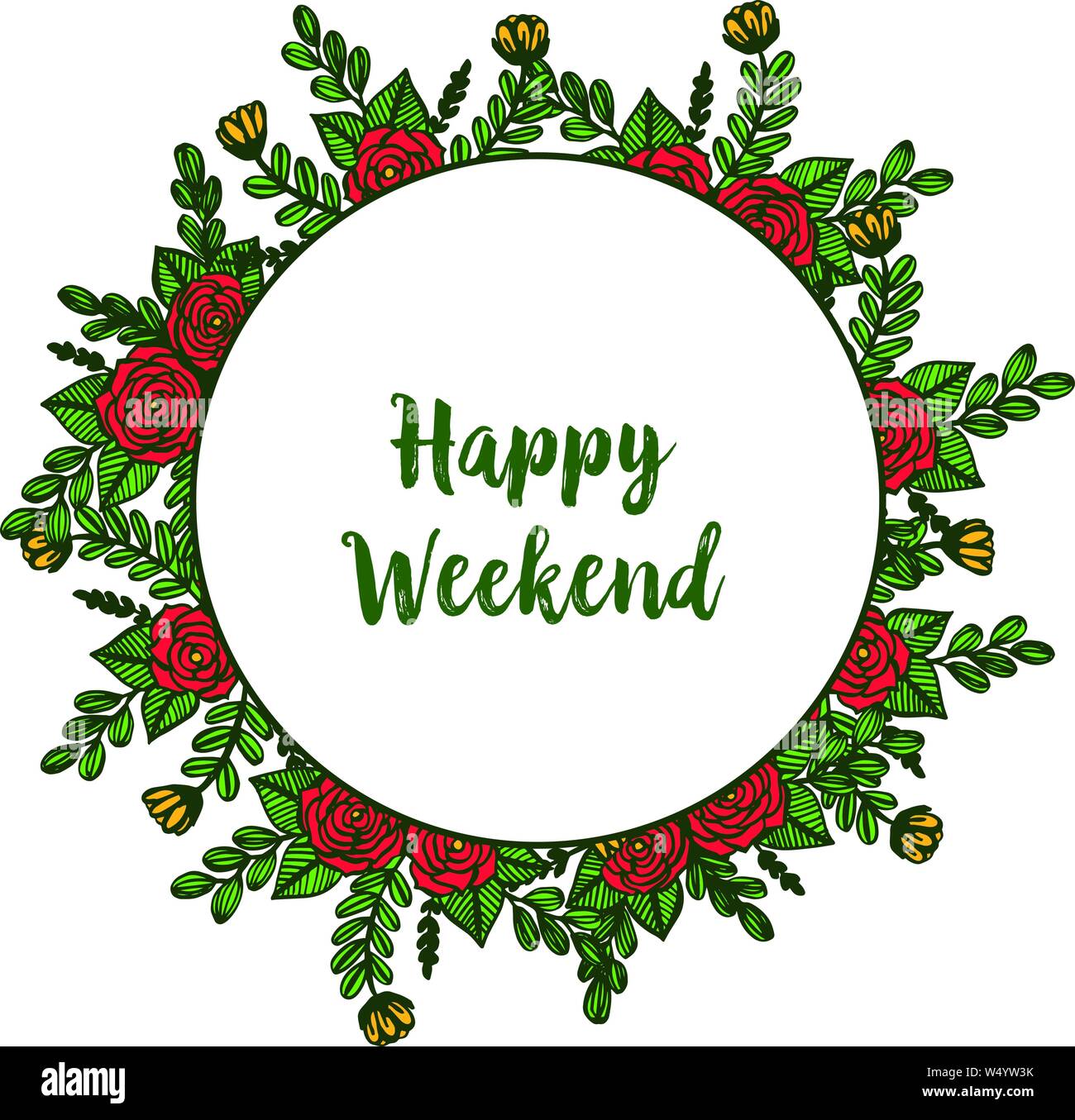 Modern rose red wreath frame, poster design of happy weekend. Vector ...