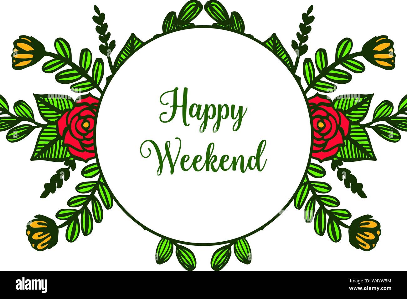 Modern rose red wreath frame, poster design of happy weekend. Vector ...