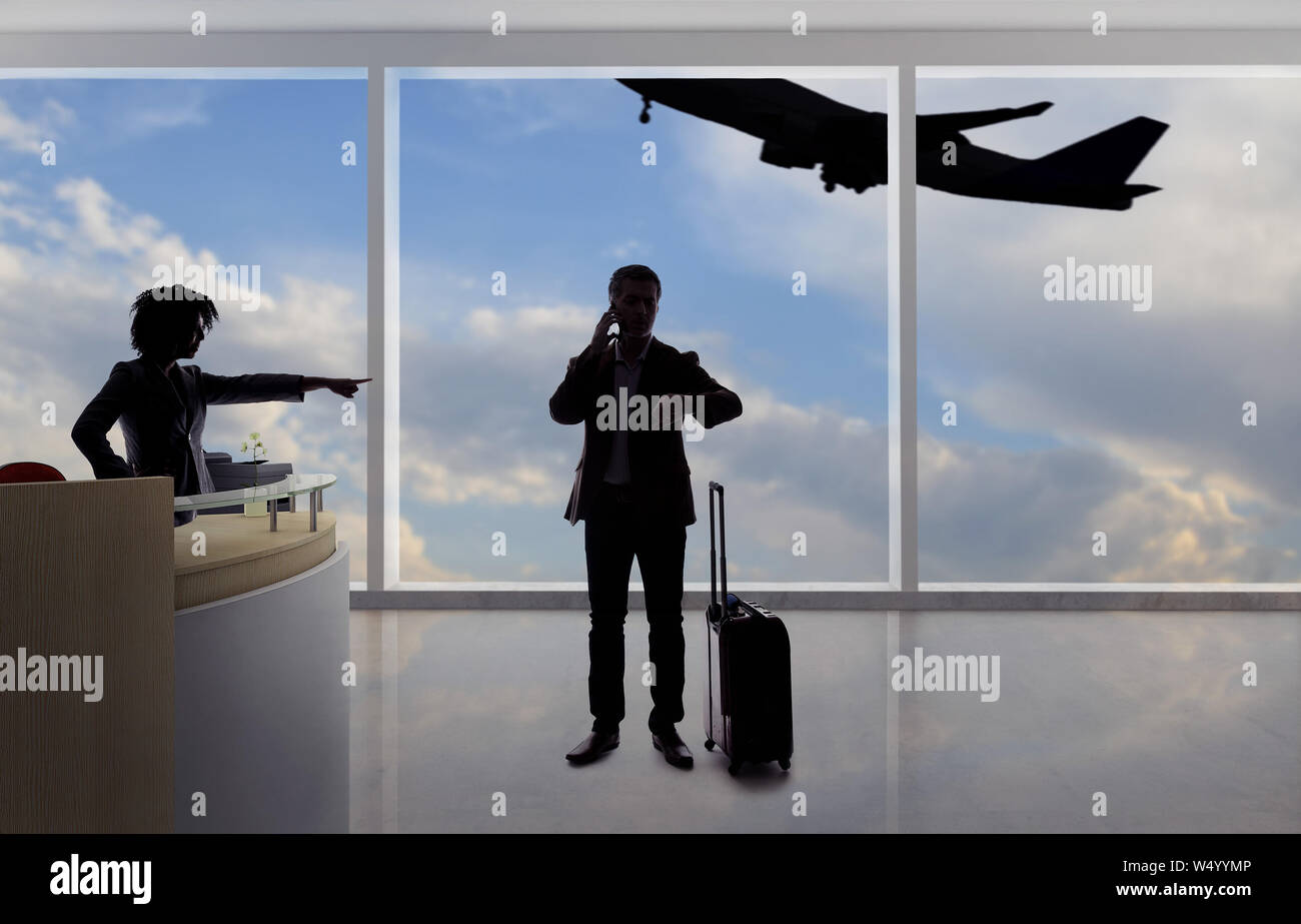 Stressed out businessman passenger arguing with a flight attendant or ...