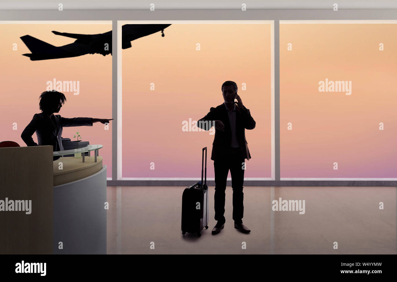 Stressed out businessman passenger arguing with a flight attendant or ...