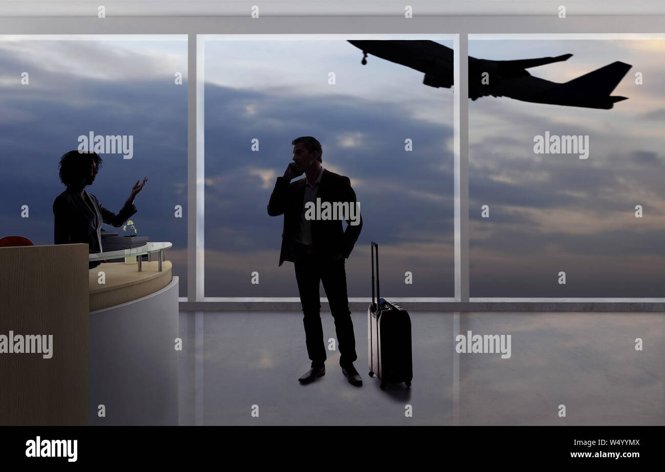 Stressed out businessman passenger arguing with a flight attendant or ...