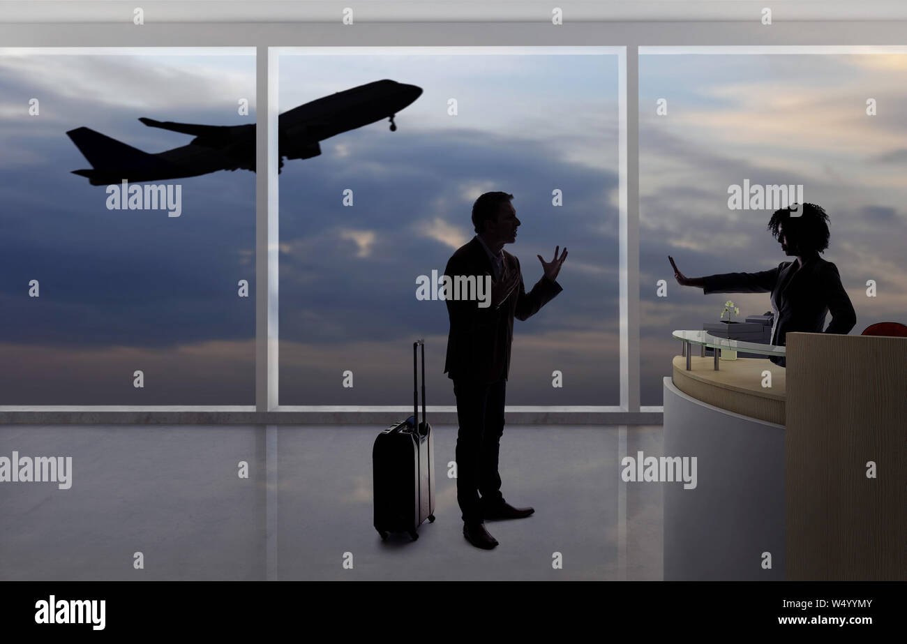 Stressed out businessman passenger arguing with a flight attendant or ...