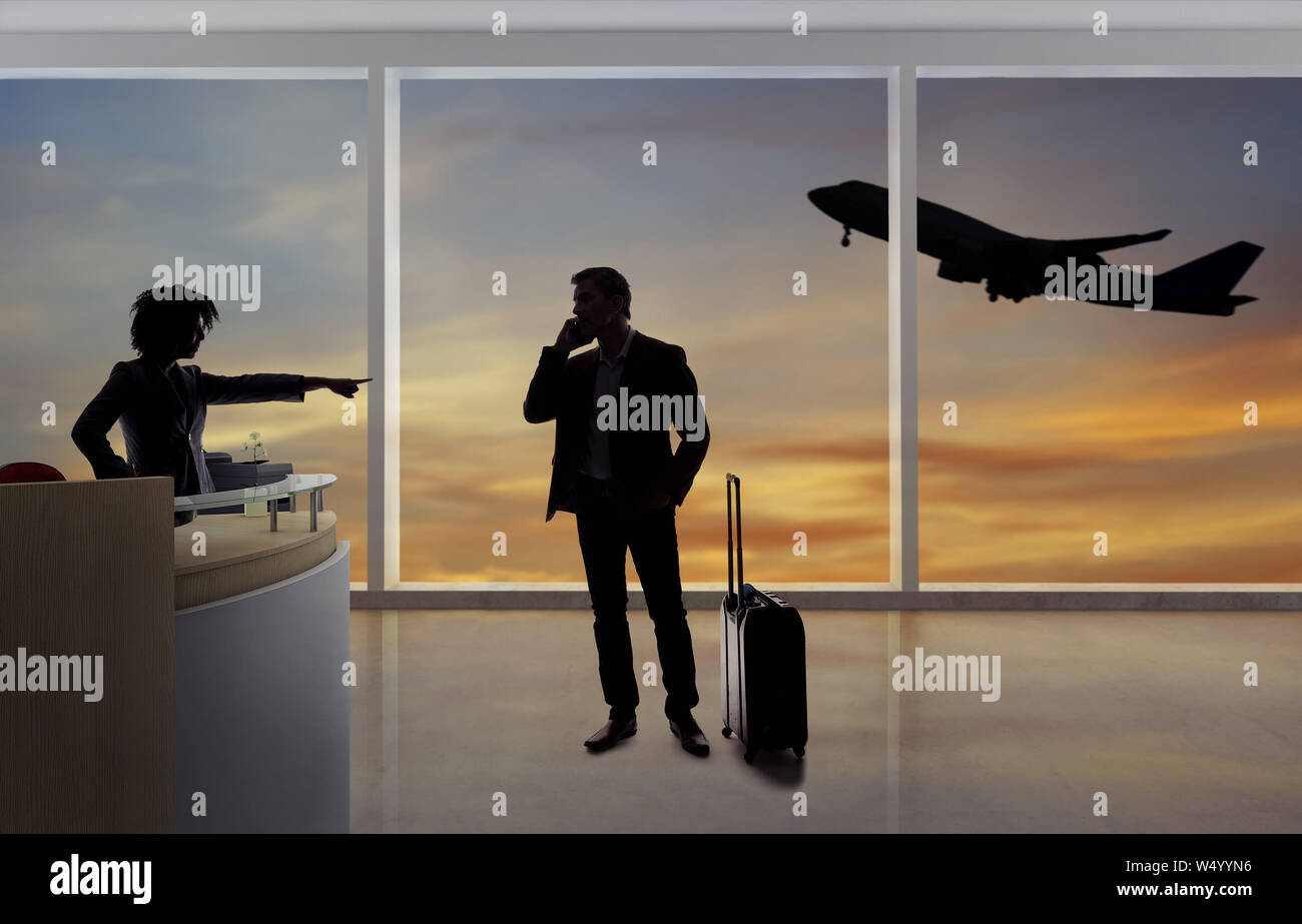 Stressed out businessman passenger arguing with a flight attendant or ...