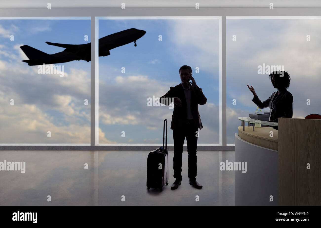 Stressed out businessman passenger arguing with a flight attendant or ...