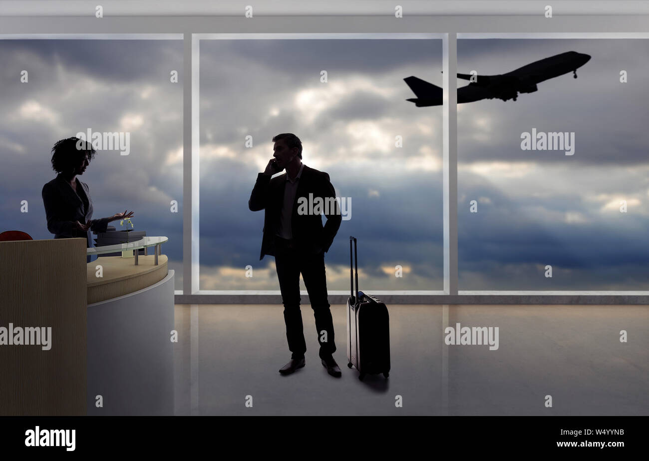 Stressed out businessman passenger arguing with a flight attendant or ...