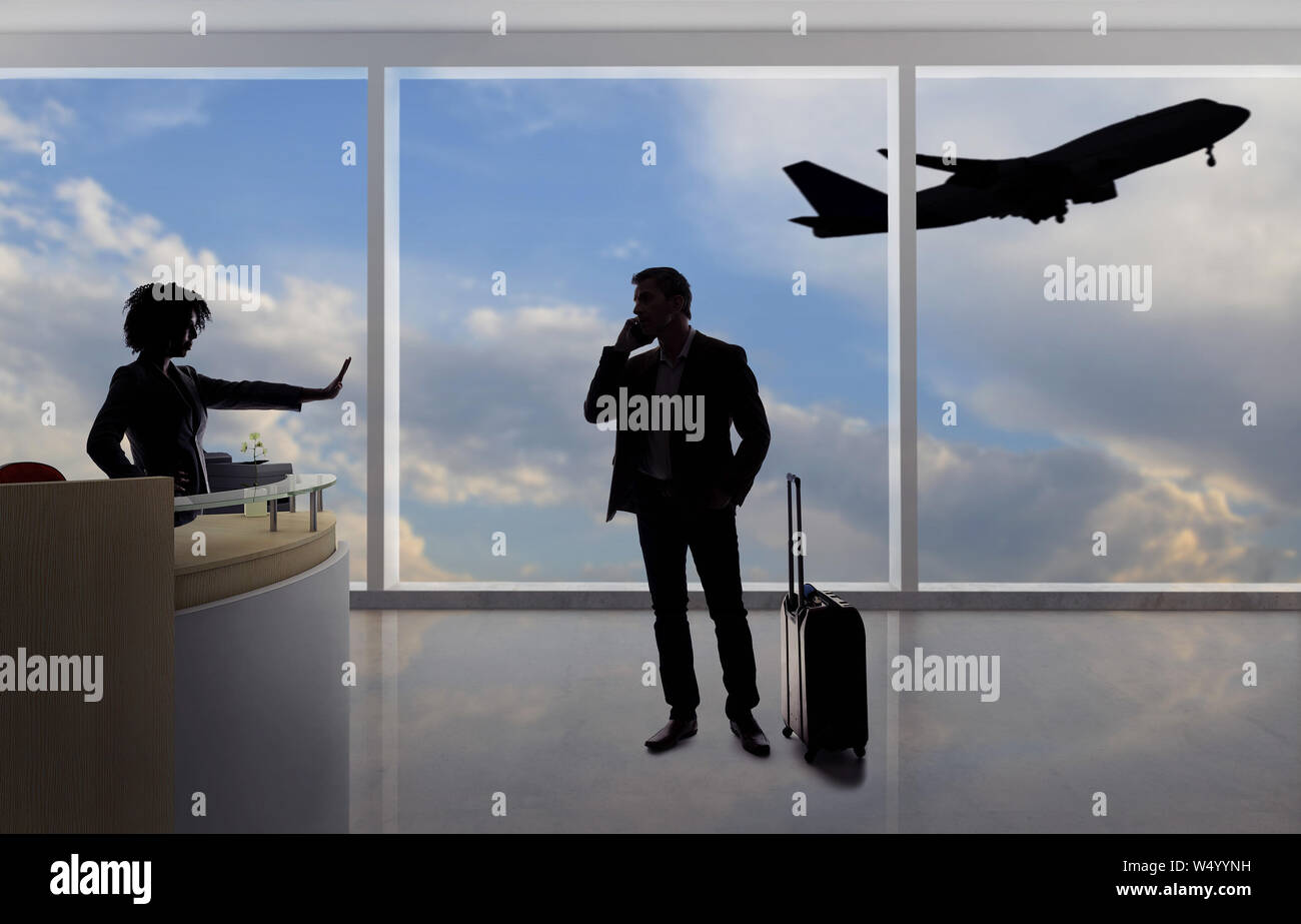 Stressed out businessman passenger arguing with a flight attendant or ...