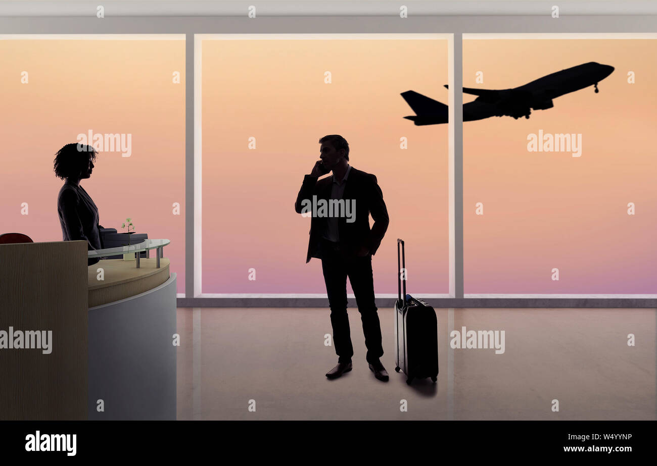 Stressed out businessman passenger arguing with a flight attendant or ...