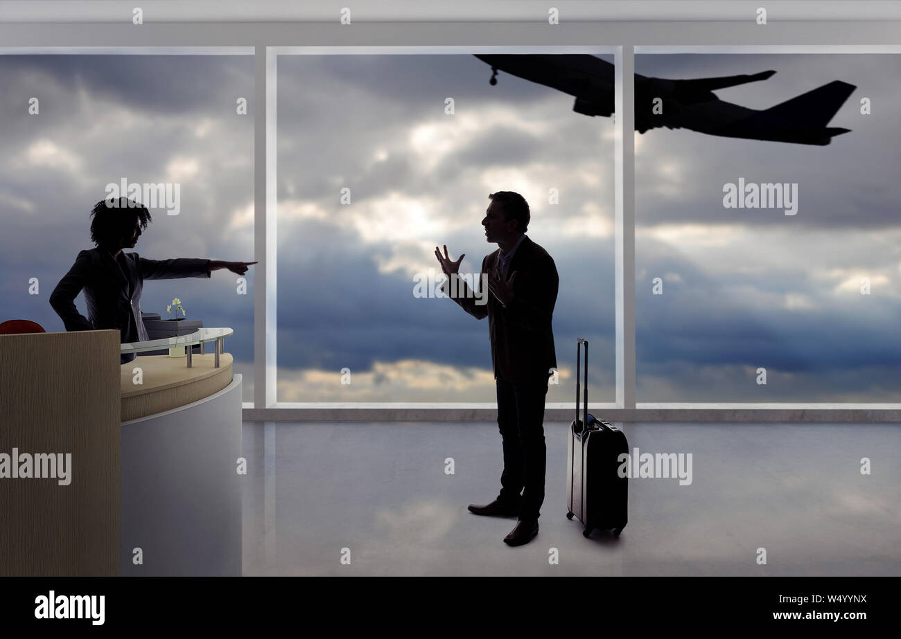 Stressed out businessman passenger arguing with a flight attendant or ...