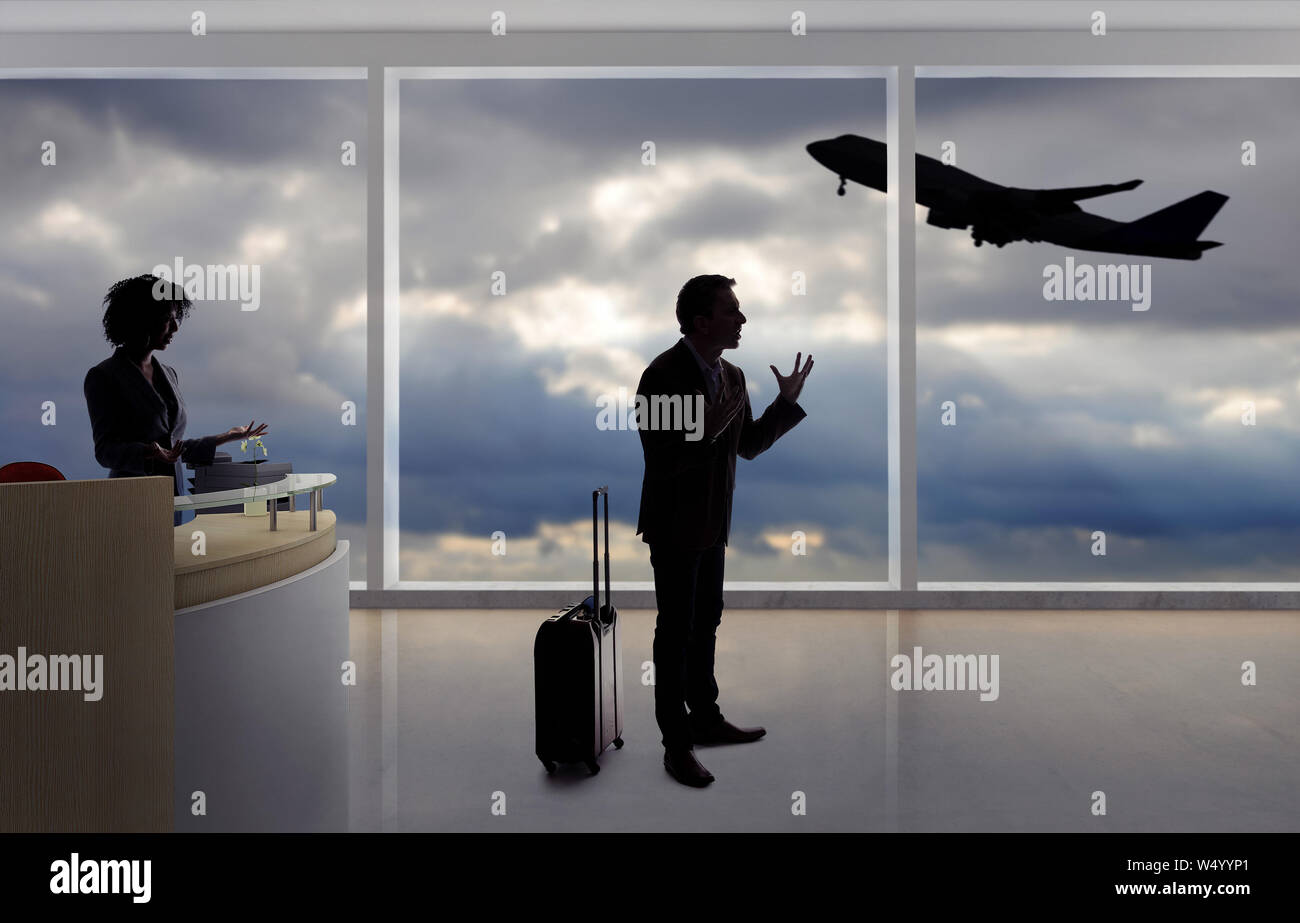 Stressed out businessman passenger arguing with a flight attendant or ...