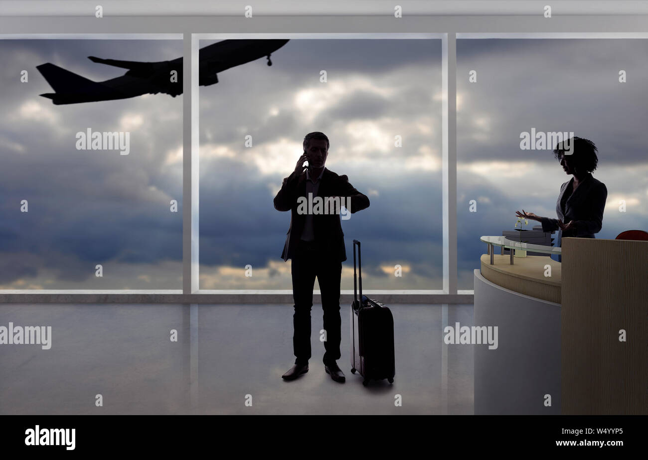 Stressed out businessman passenger arguing with a flight attendant or ...