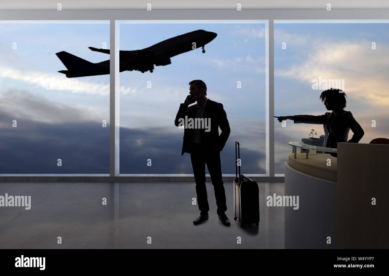 Stressed out businessman passenger arguing with a flight attendant or ...