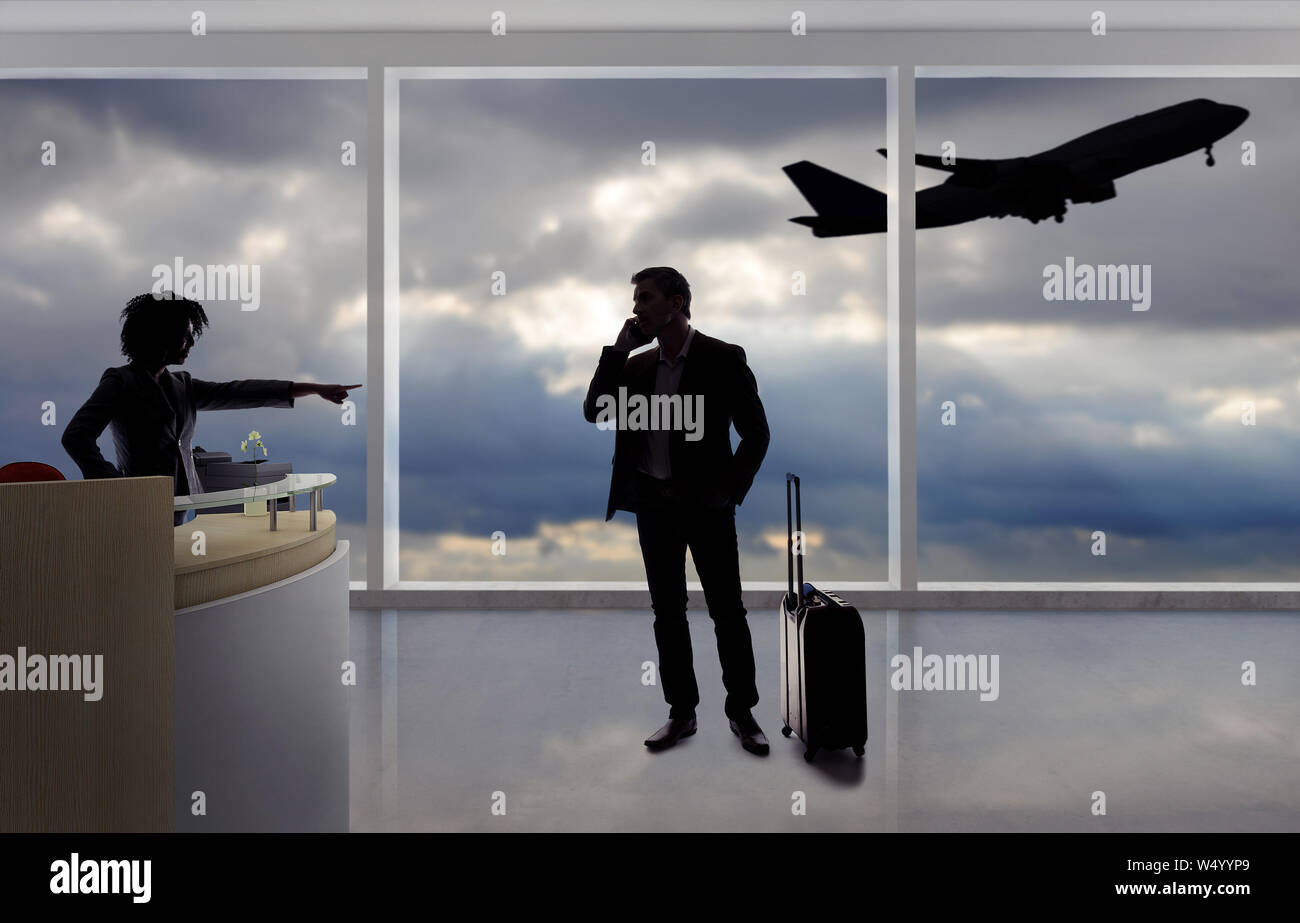 Stressed out businessman passenger arguing with a flight attendant or ...