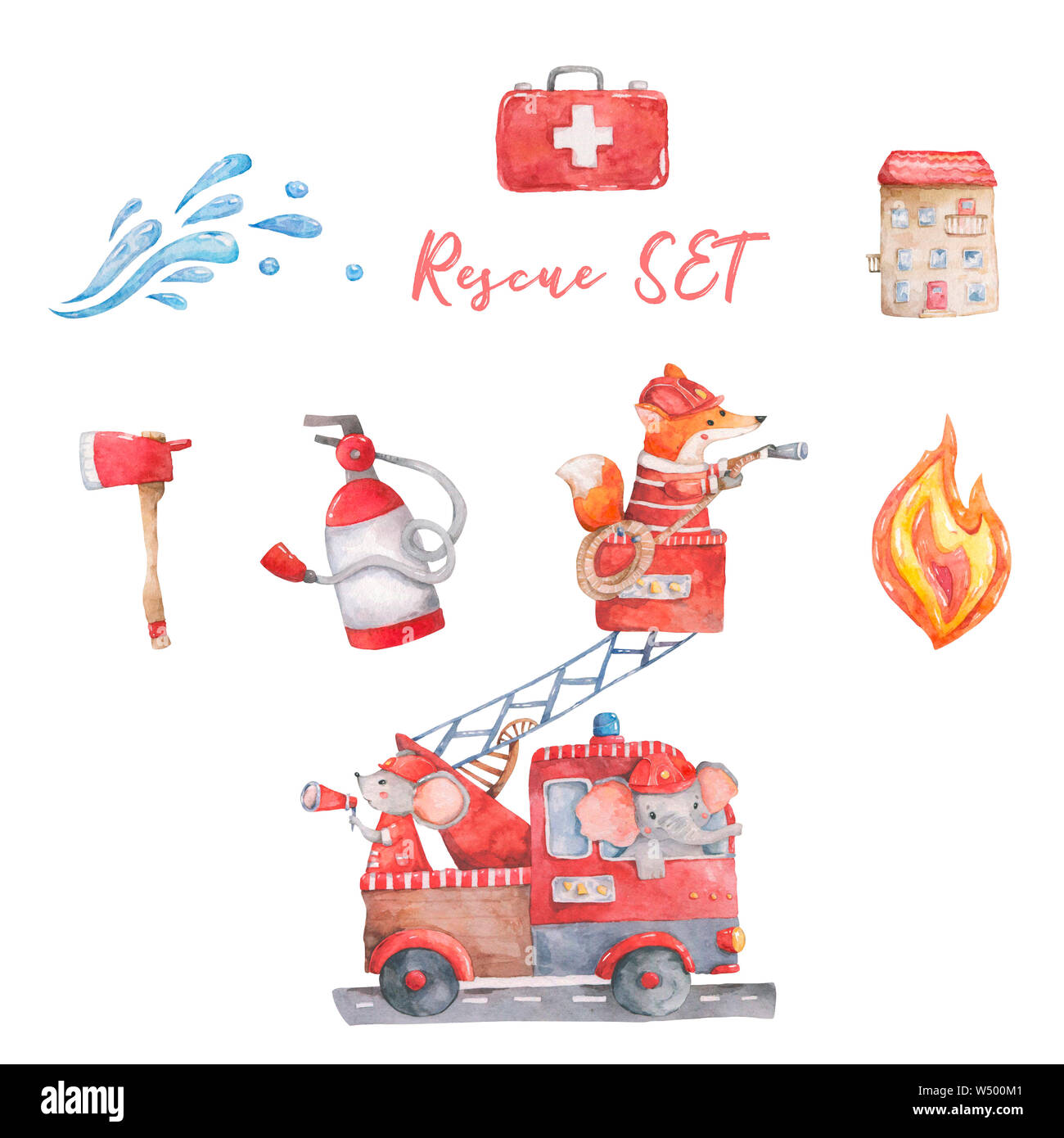 Watercolor rescue kit. Little Heroes the fire rescue funny cartoon ...