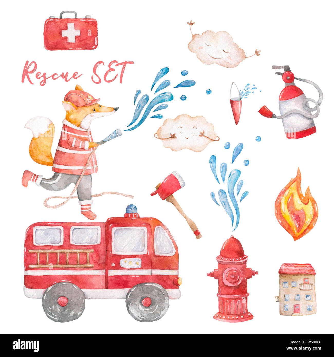 Watercolor rescue kit. Little Heroes the fire rescue funny cartoon ...