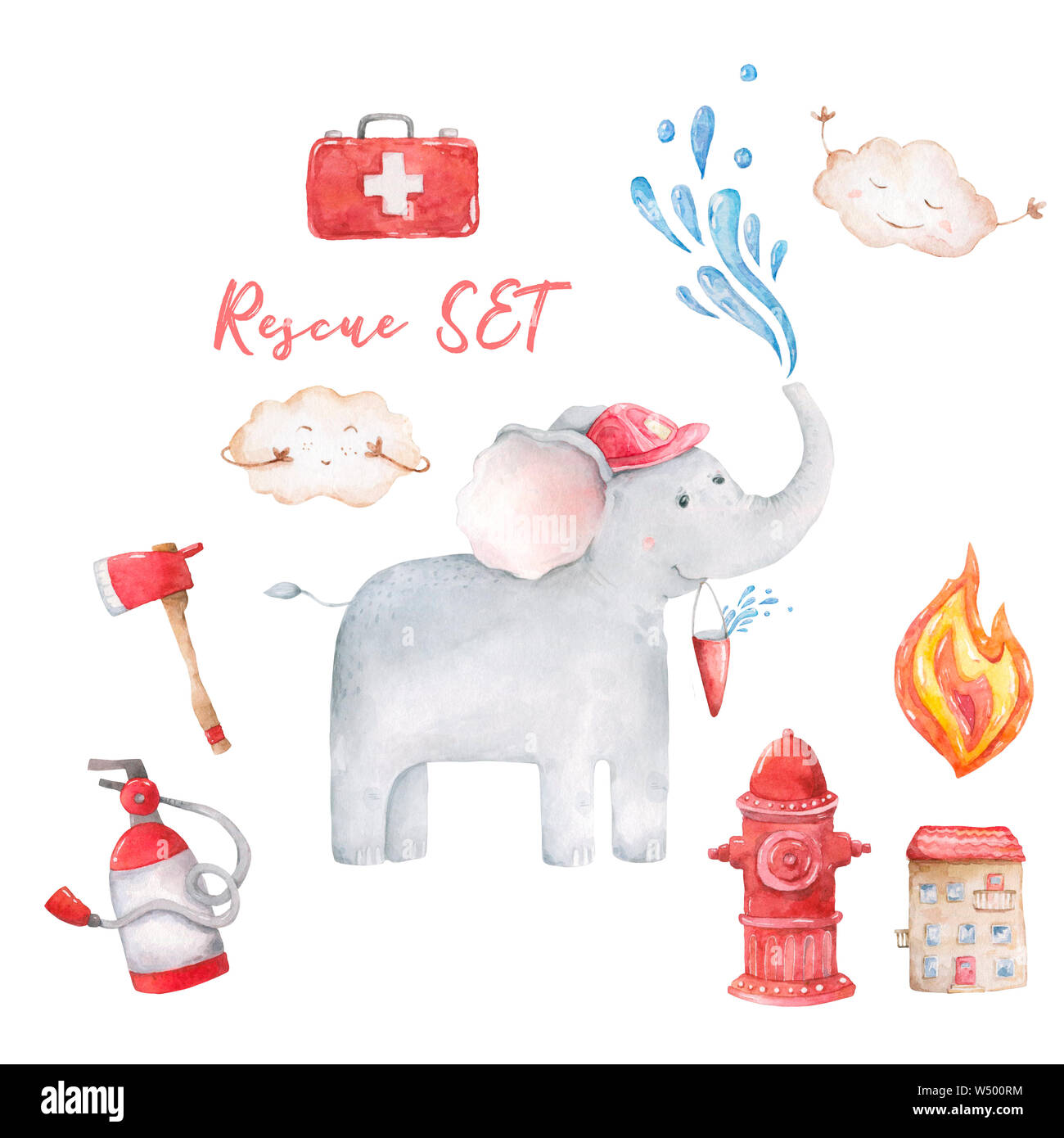Watercolor rescue kit. Little Heroes the fire rescue funny cartoon ...
