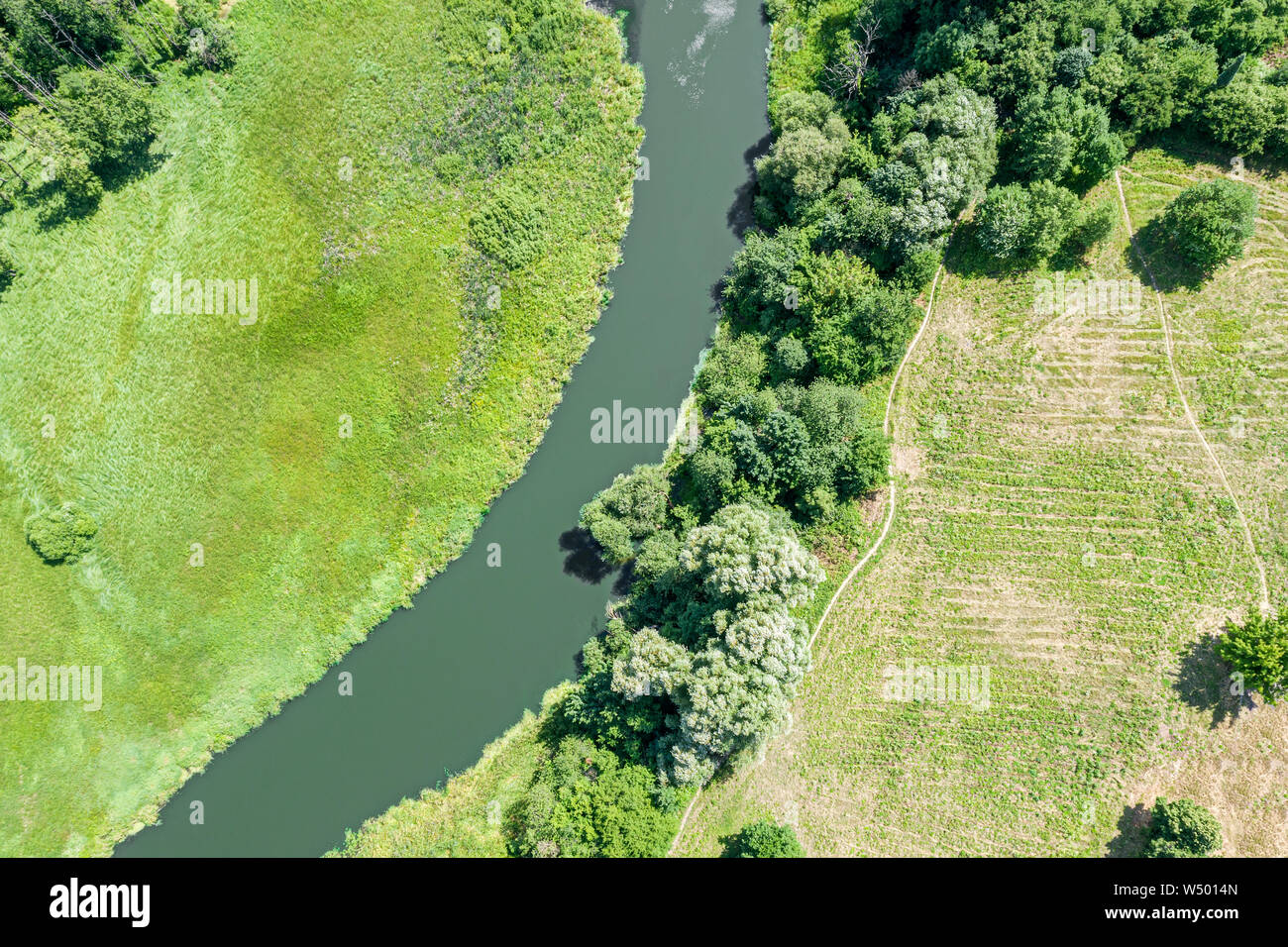 aerial view of beautiful summer natural river landscape with green ...