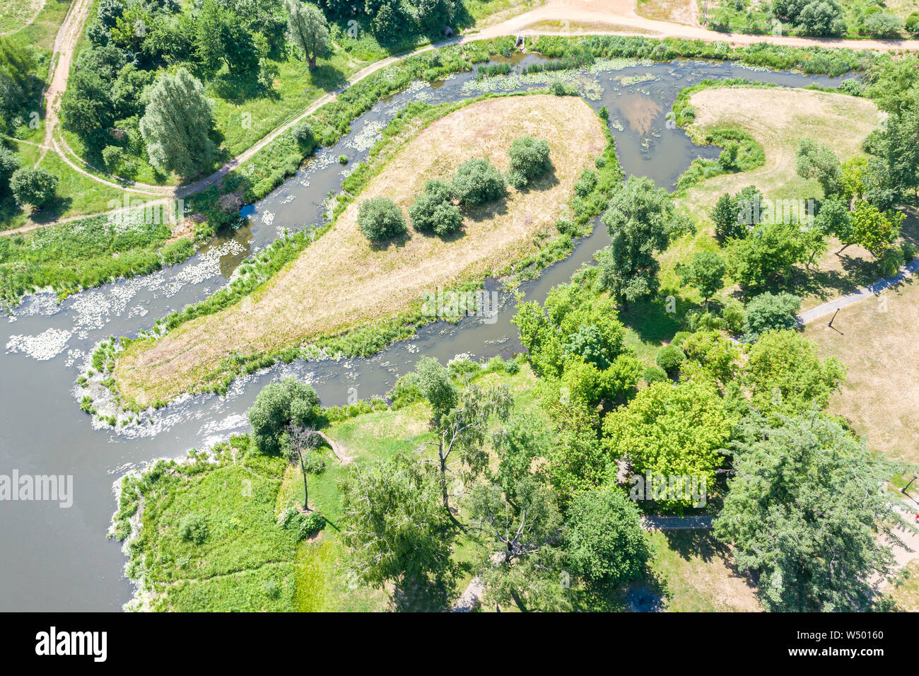 beautiful park scene with trees, green lawns and river in summer ...