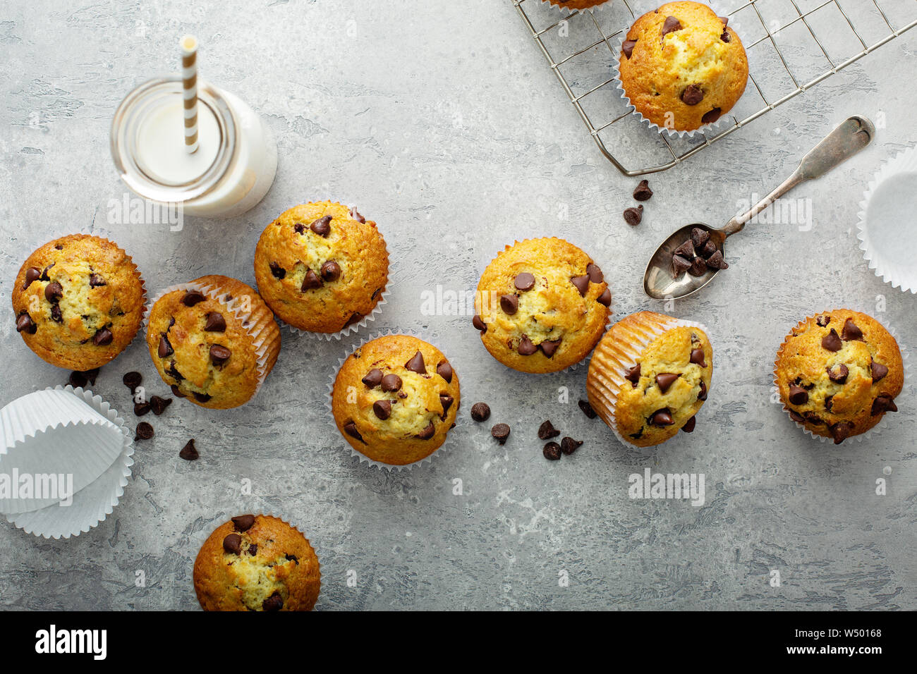 Chocolate chip muffins with milk overhead view Stock Photo - Alamy
