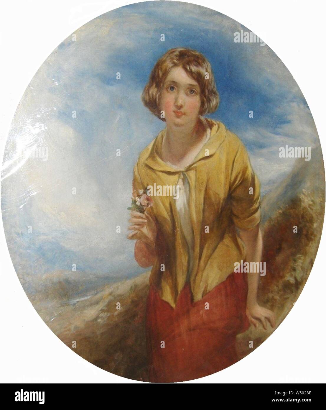 Thomas Crane - Portrait of a young woman holding a posy, a landscape ...