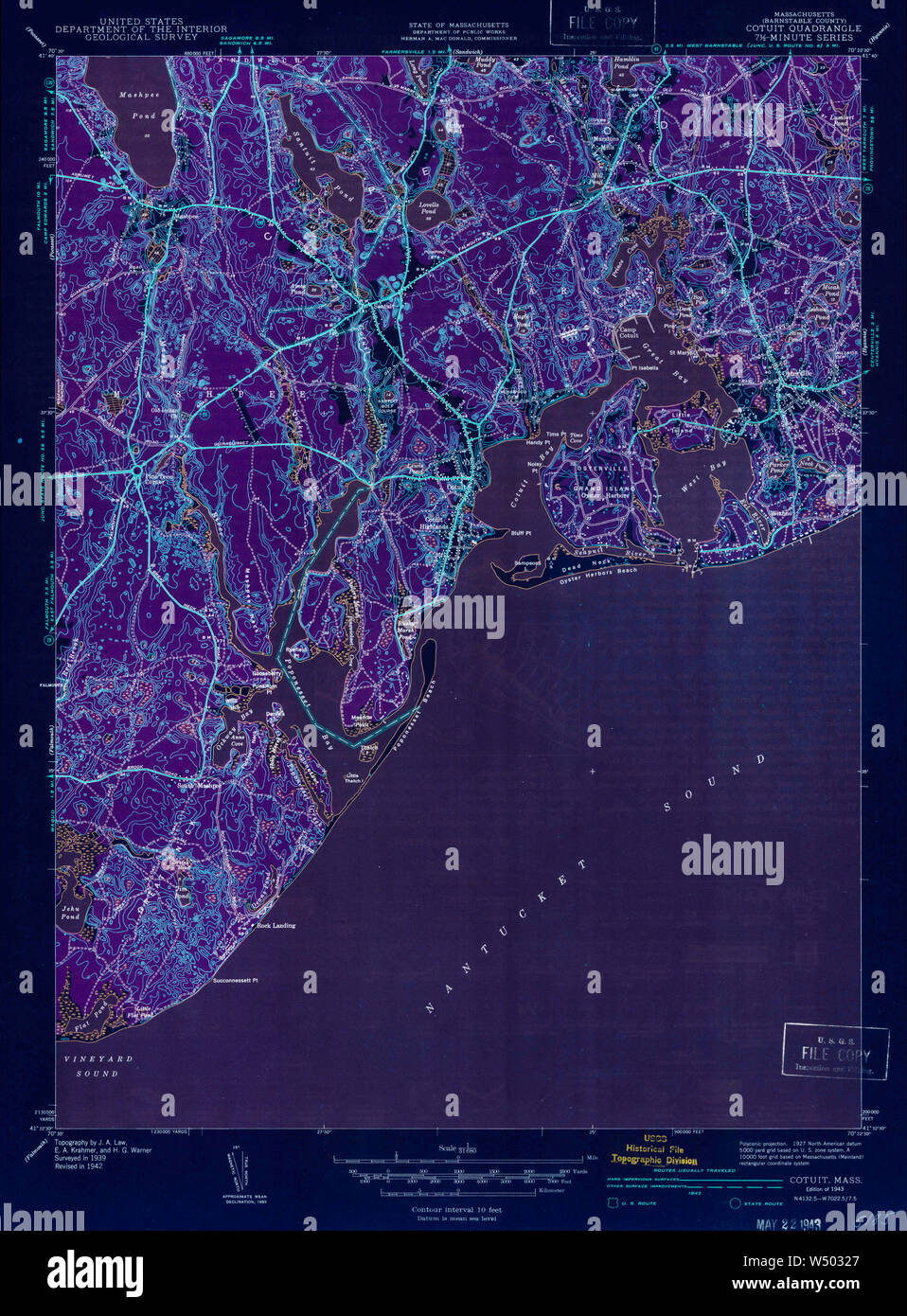 Massachusetts USGS Historical Topo Map MA Cotuit 351631 1943 31680 ...