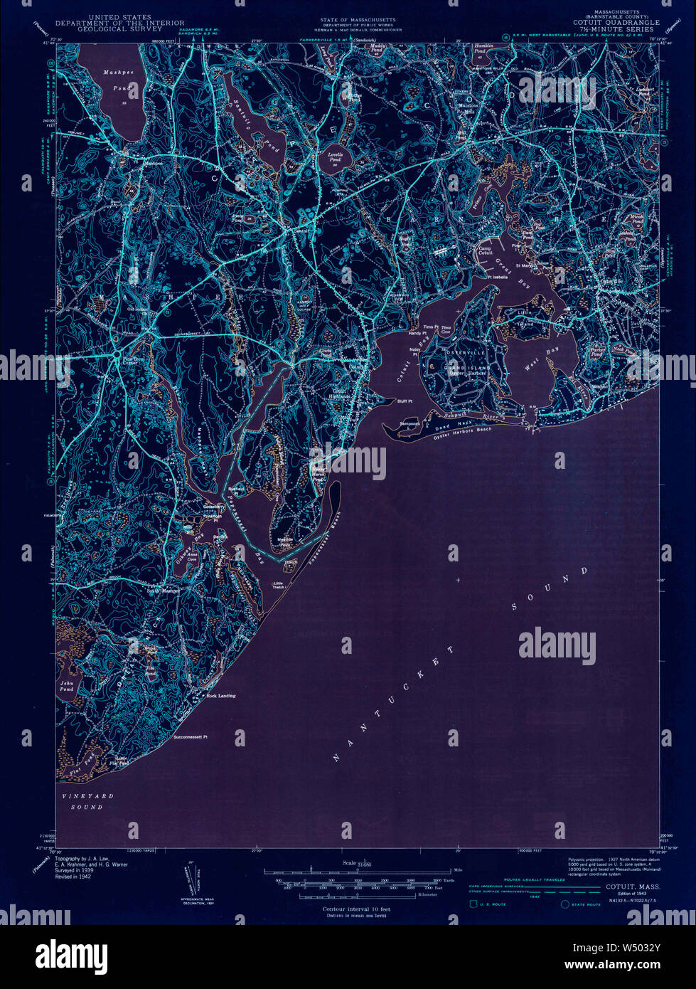 Massachusetts USGS Historical Topo Map MA Cotuit 351632 1943 31680 ...