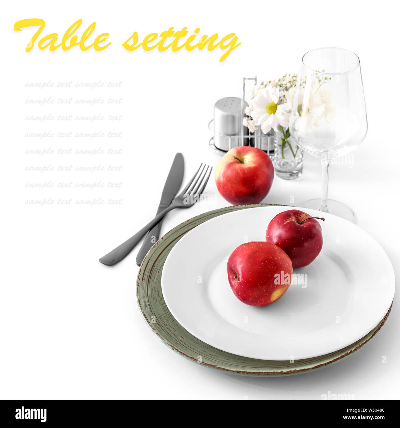 Beautiful table setting with space for text on white background Stock ...