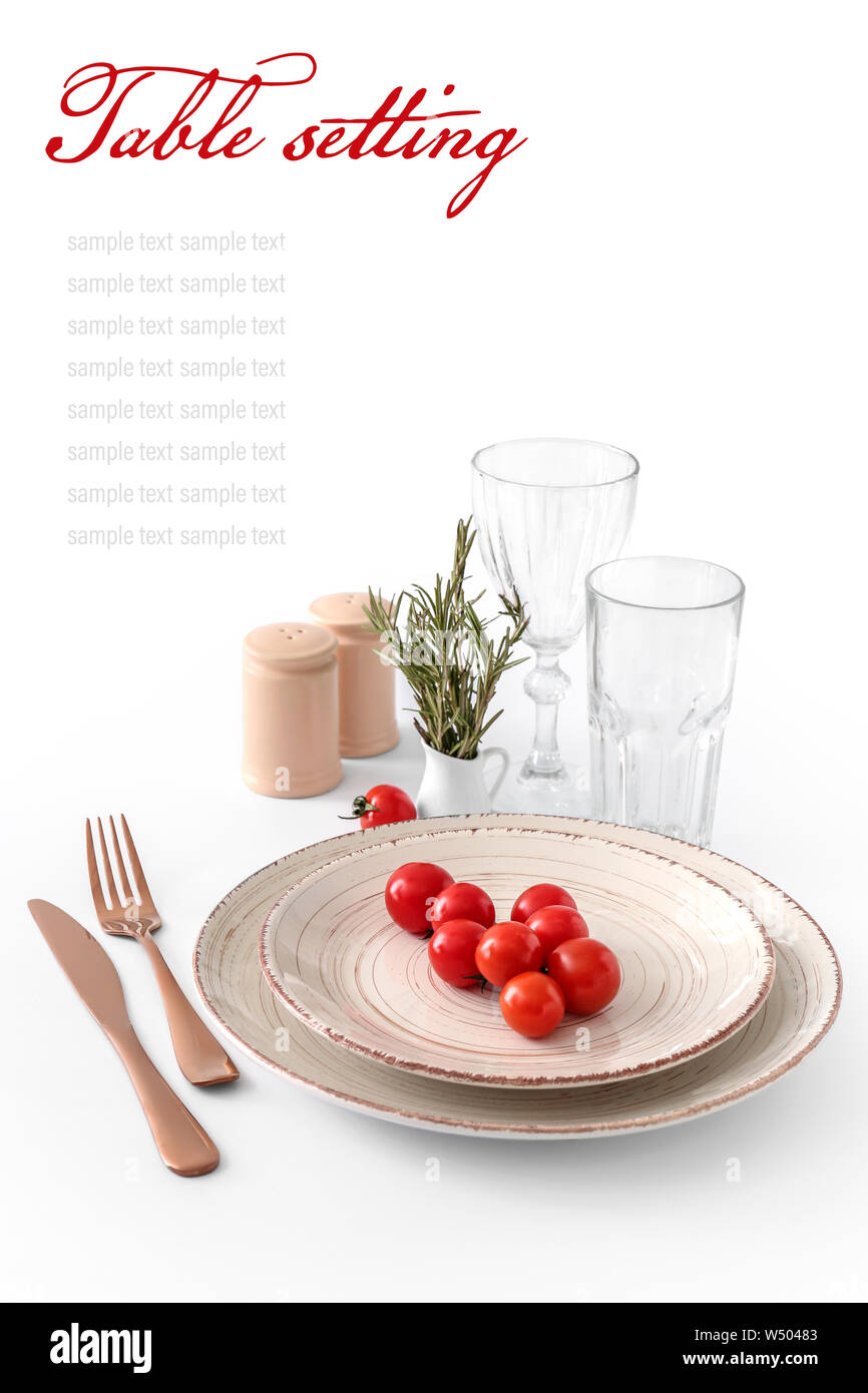 Beautiful table setting with space for text on white background Stock ...