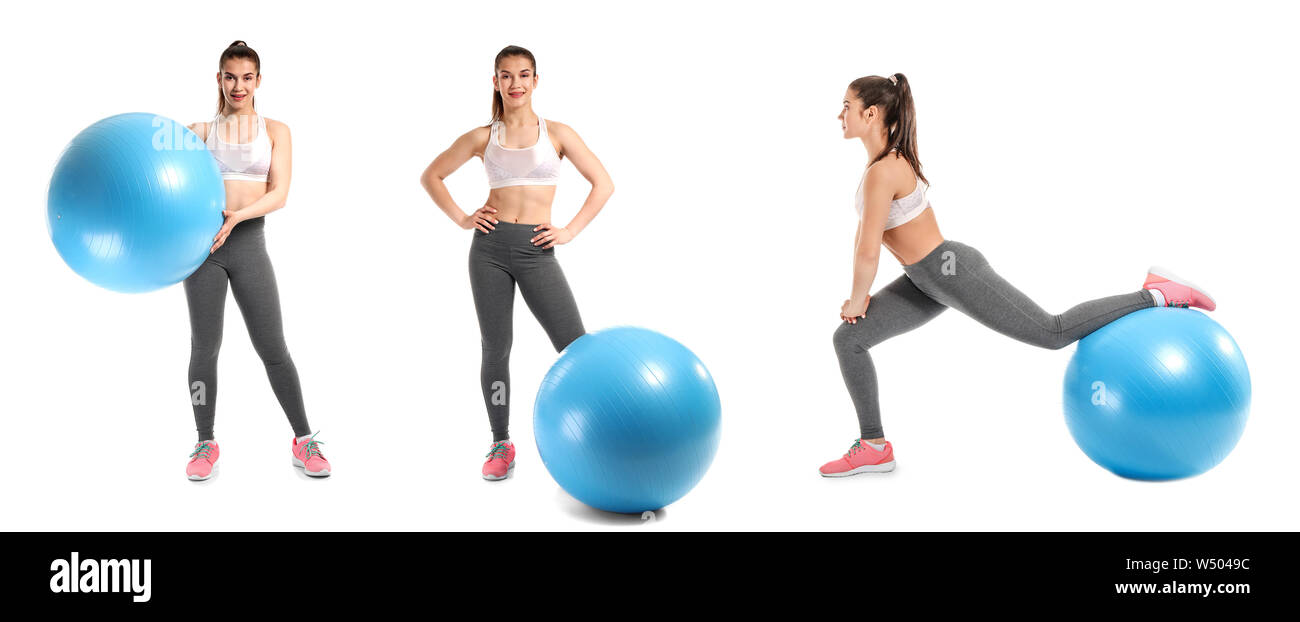 Collage with young sporty woman and fitball on white background Stock ...