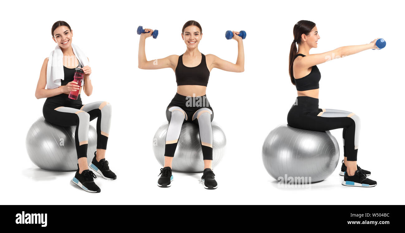 Collage with young sporty woman and fitball on white background Stock ...
