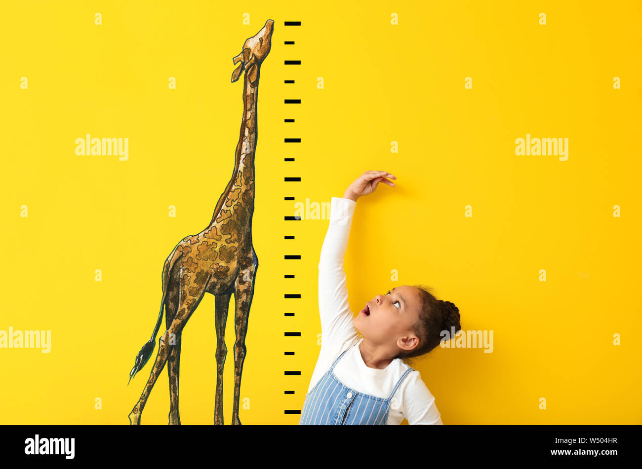 Surprised African-American girl measuring height near color wall with ...