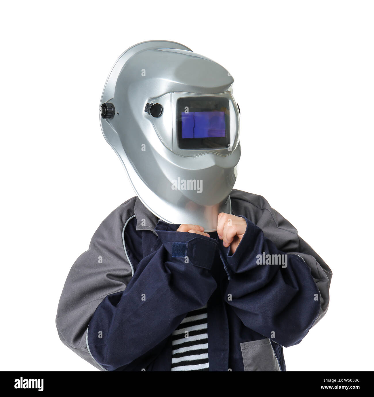 Portrait of little welder on white background Stock Photo - Alamy