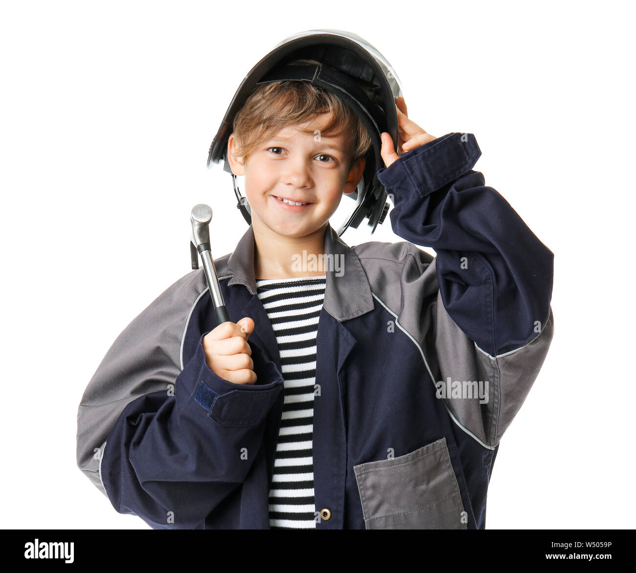 Portrait of little welder on white background Stock Photo - Alamy