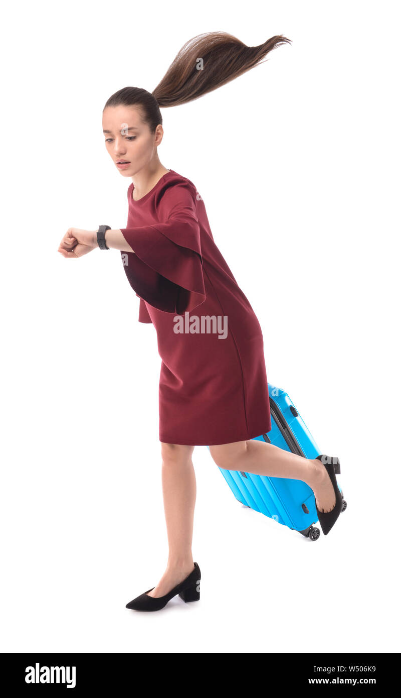 Running woman with luggage on white background Stock Photo - Alamy