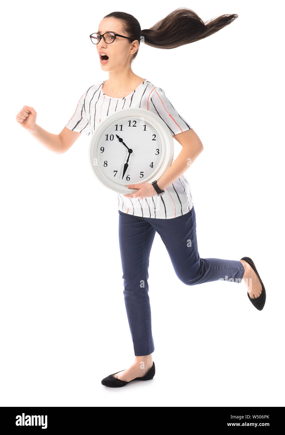 Running young businesswoman with clock on white background Stock Photo ...