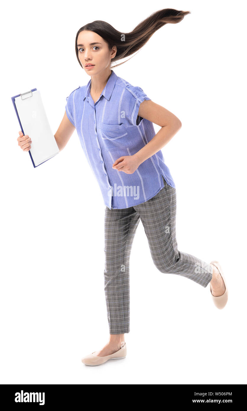 Running young businesswoman on white background Stock Photo - Alamy