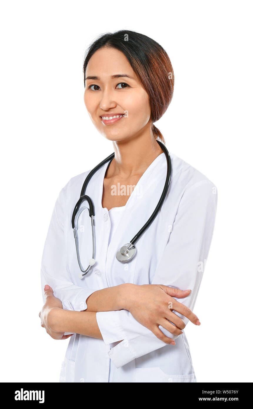 Female Asian doctor on white background Stock Photo - Alamy