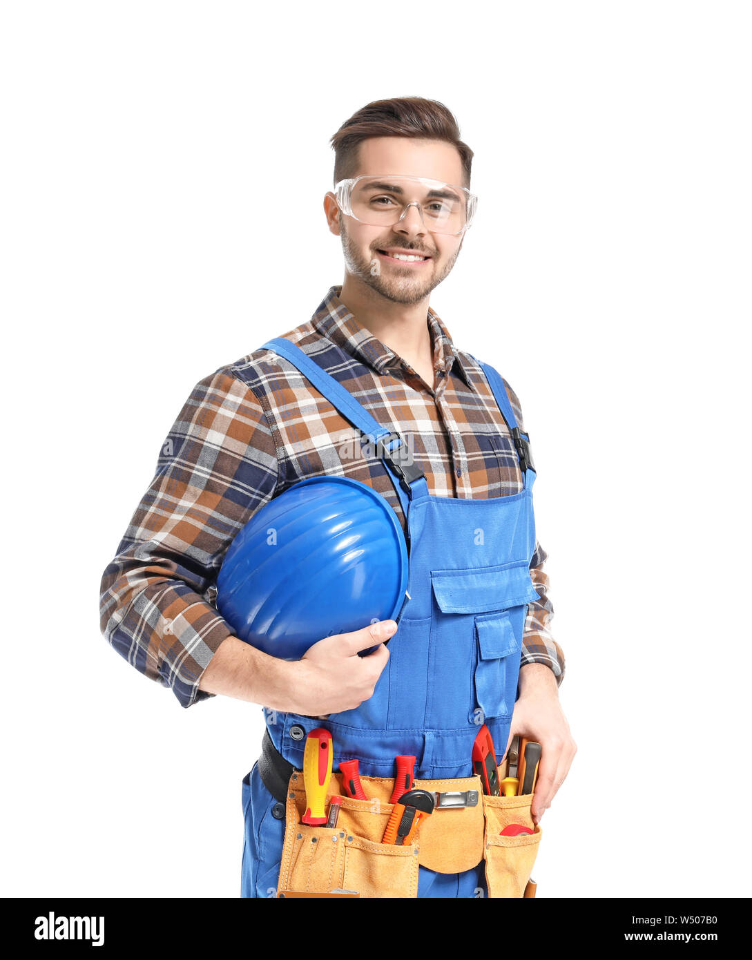 Male electrician on white background Stock Photo - Alamy