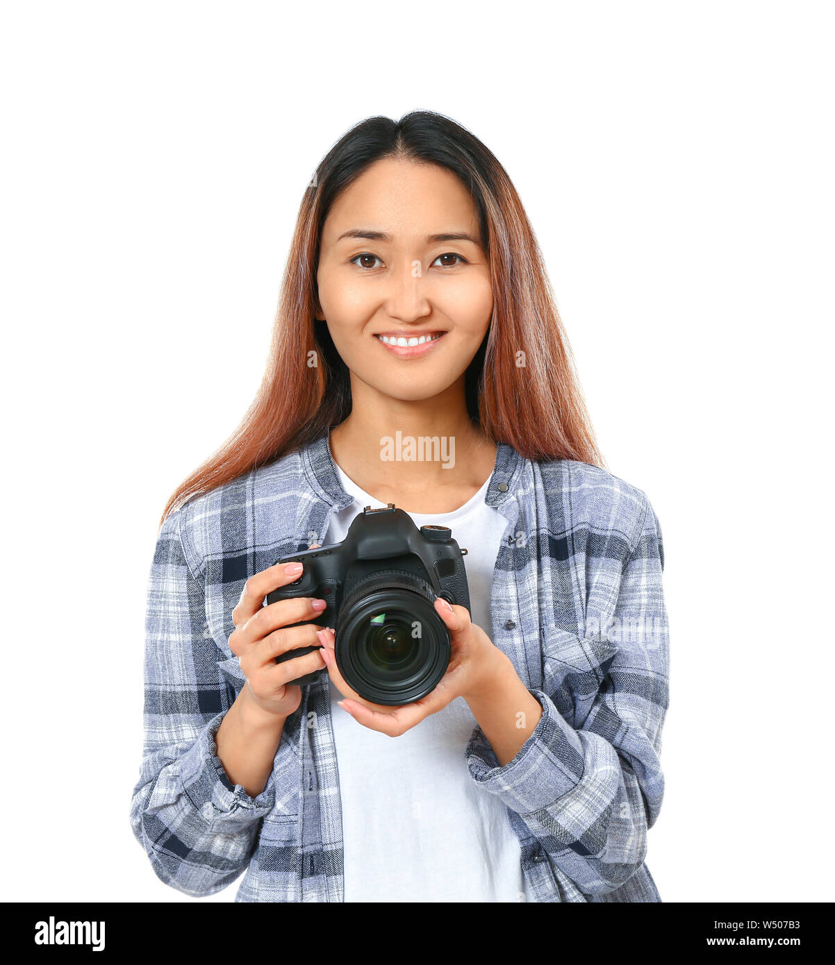Female Asian photographer on white background Stock Photo - Alamy