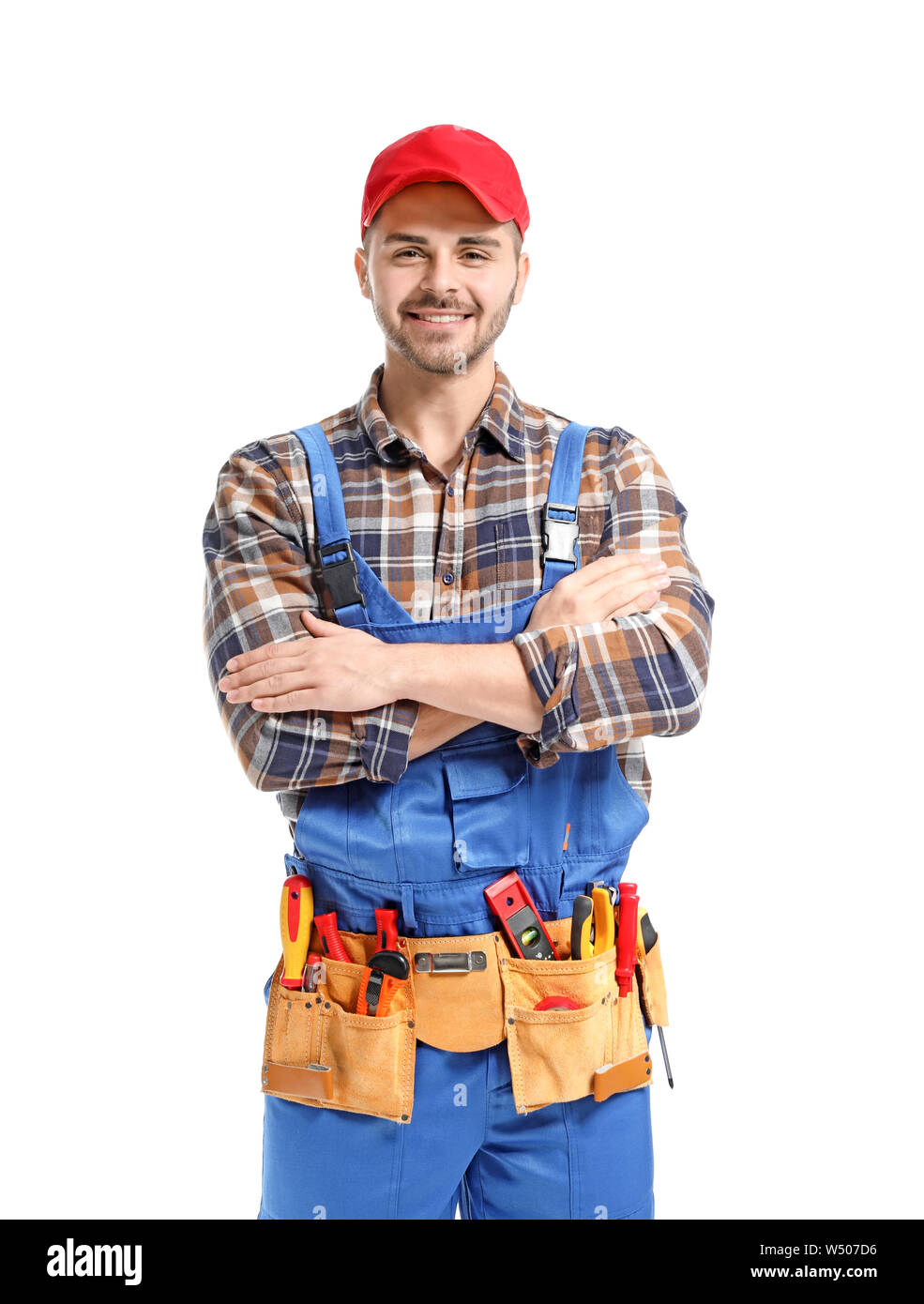 Male electrician on white background Stock Photo - Alamy