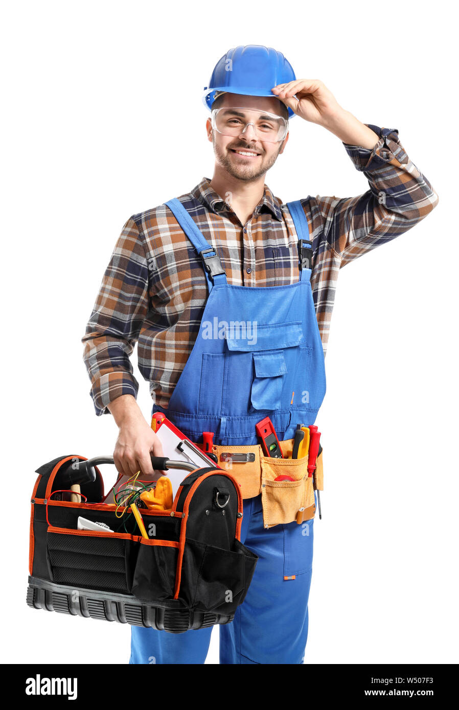Male electrician with tools kit on white background Stock Photo - Alamy