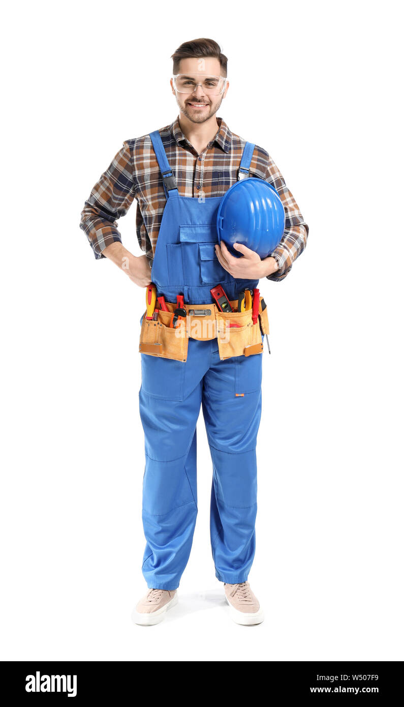 Male electrician on white background Stock Photo - Alamy