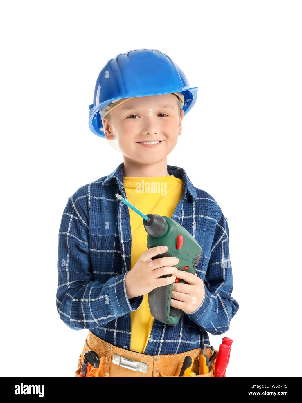 Cute little worker with drill on white background Stock Photo - Alamy