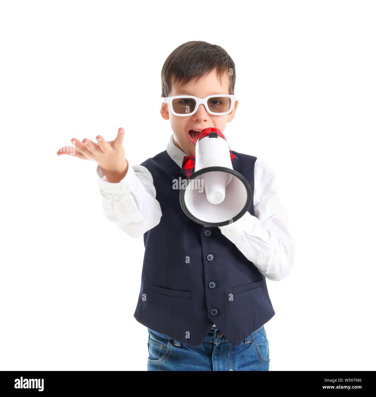 Little film director with megaphone on white background Stock Photo - Alamy