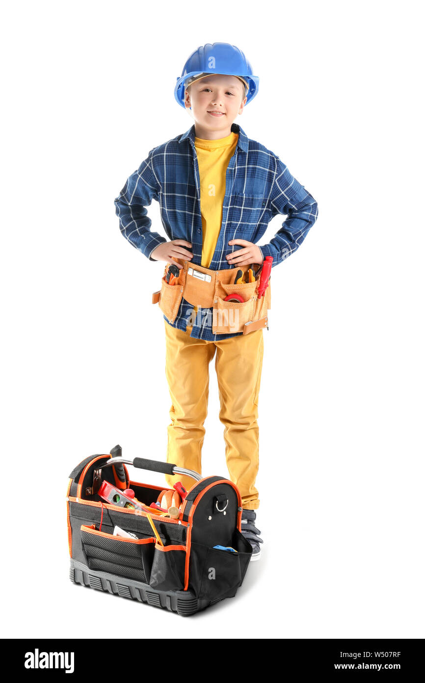 Cute little worker on white background Stock Photo - Alamy
