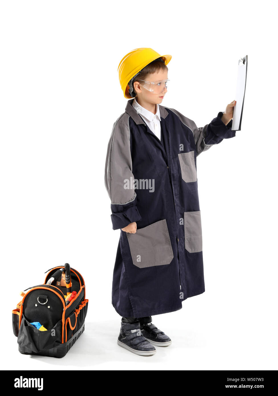 Cute little worker on white background Stock Photo - Alamy