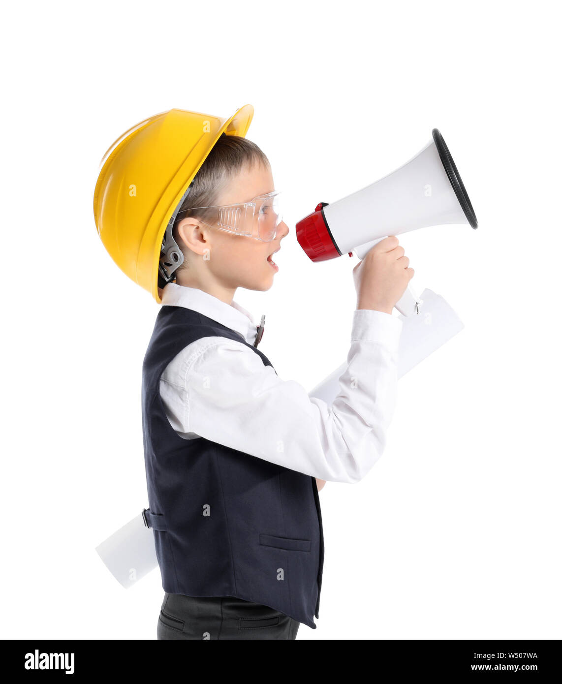 Cute little architect with megaphone on white background Stock Photo ...