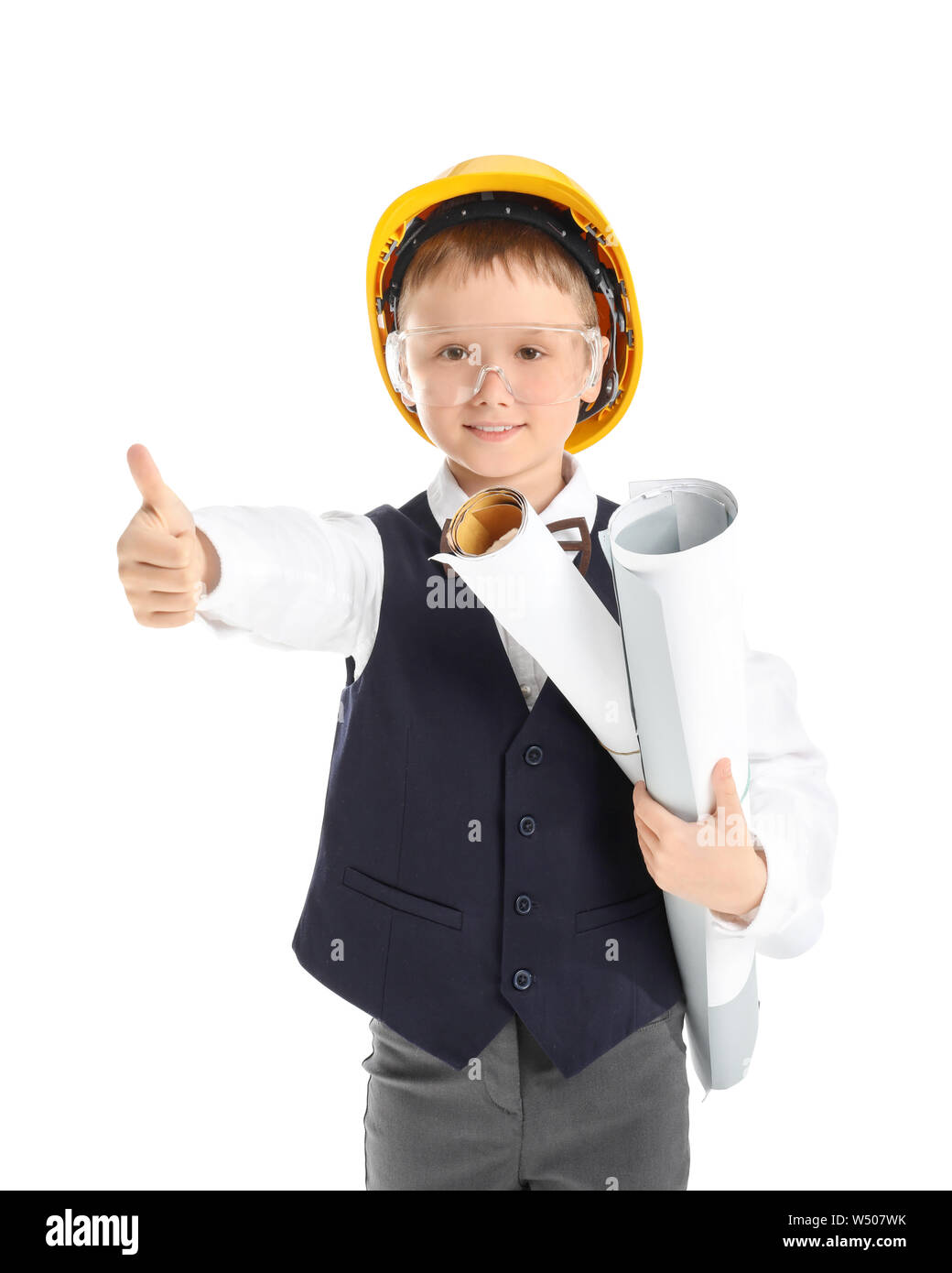 Cute little architect showing thumb-up on white background Stock Photo ...