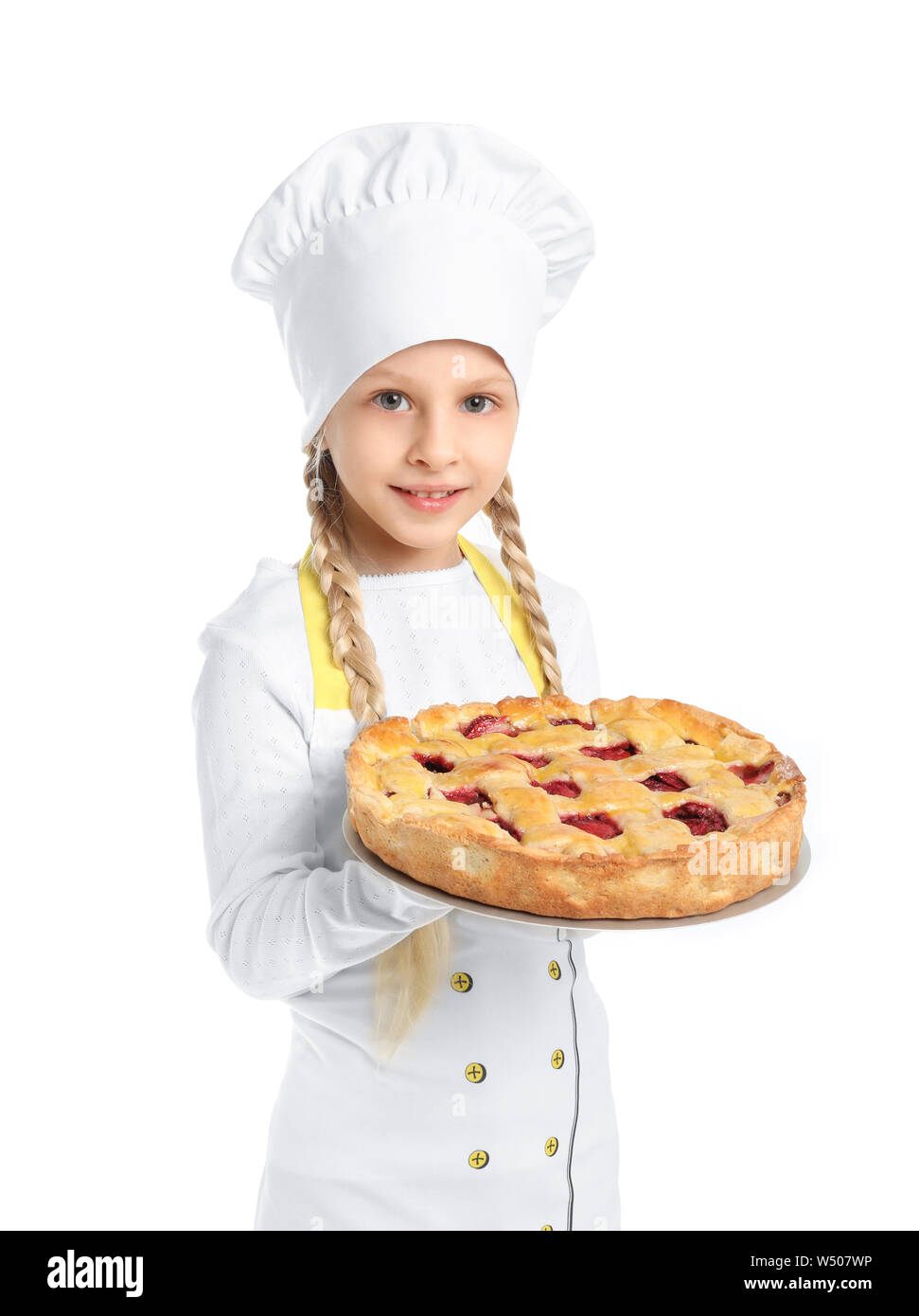 Cute little chef with pie on white background Stock Photo - Alamy